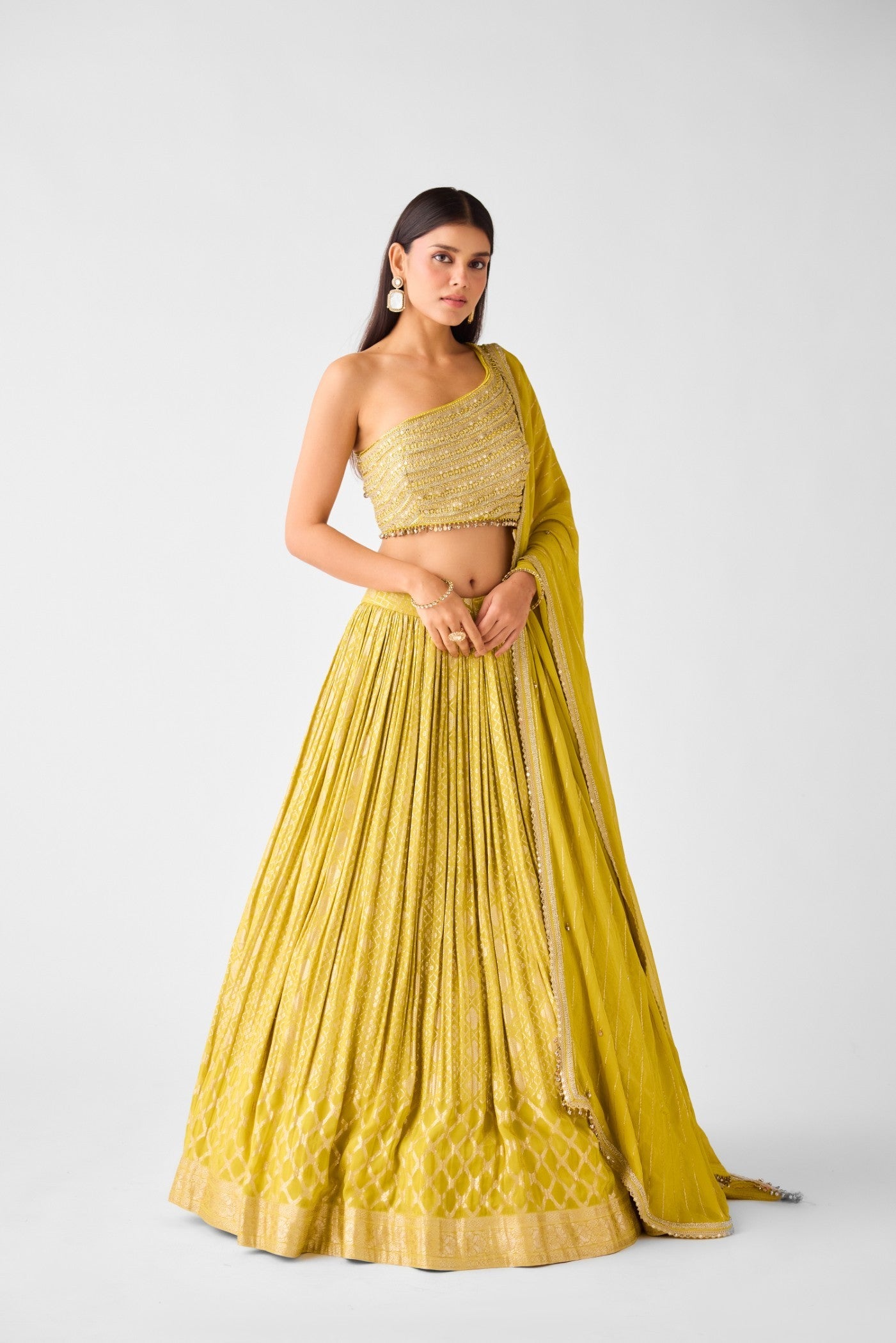YELLOW BANARASI EMBROIDERED ONE SHOULDER LEHENGA SET – Nishly Fashion House