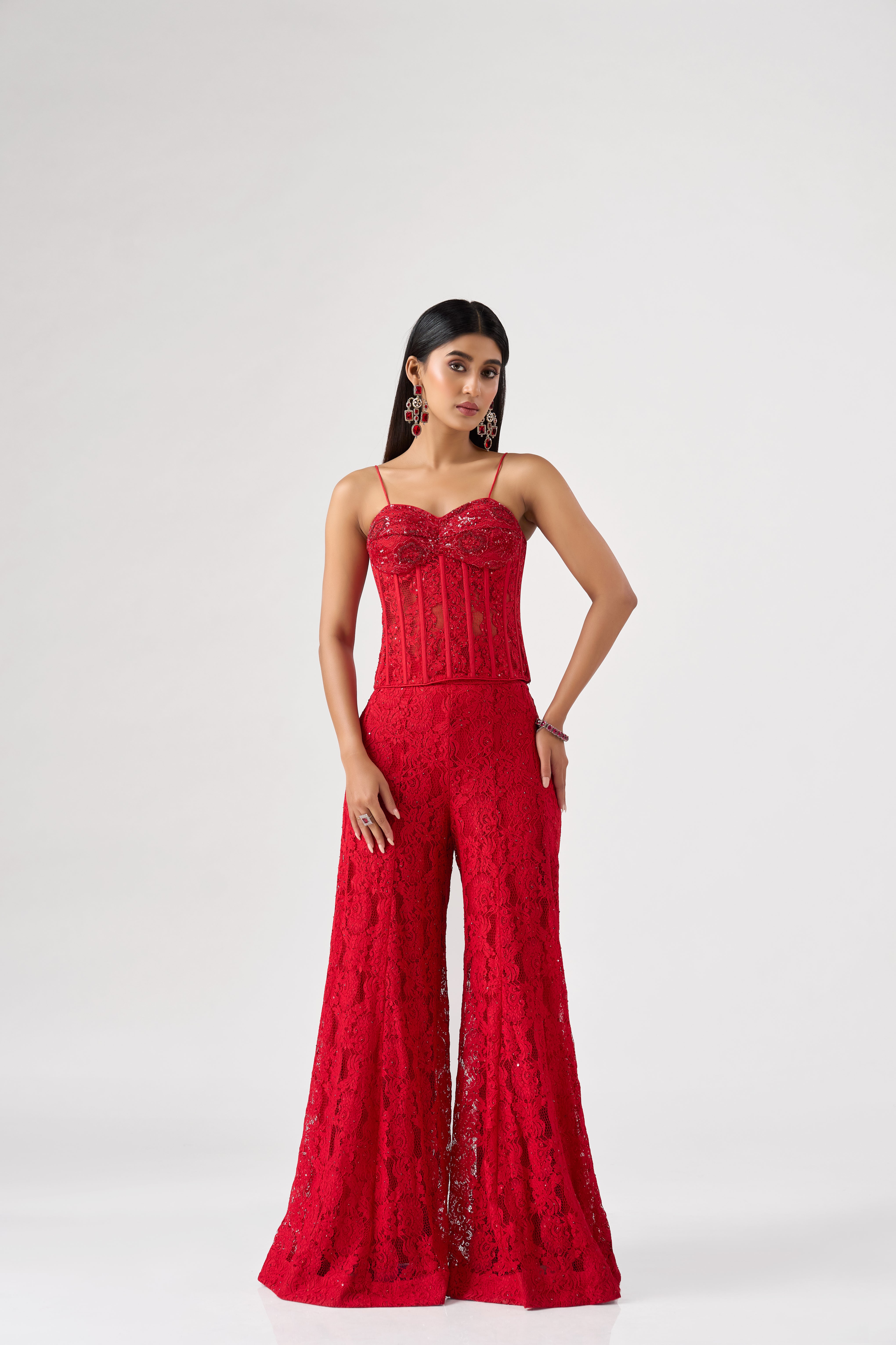 RED SEQUINS EMBELLISHED CORSET SHARARA SET | Nishly Fashion House
